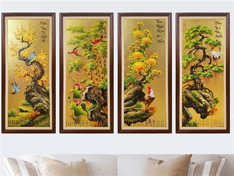 Tranh TỨ QuÝ Tùng Cúc Trúc Mai Dát Vàng Vẽ Sơn Dầu Lh 0964455796