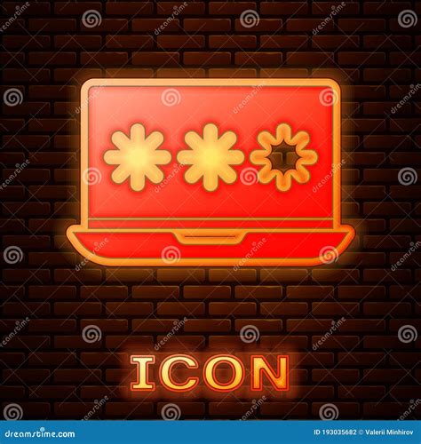 Glowing Neon Laptop With Password Notification Icon Isolated On Brick Wall Background Security