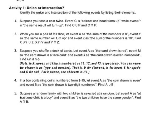Solved Activity Union Or Intersection Identify The Union And Intersection Of The Following