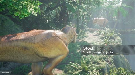 티라노사우루스 렉스 공룡은 천천히 녹색 선사 시대 정글의 덤불에 먹이에 섬뜩한 화창한 아침에 녹색 선사 시대 정글 숲의 전망 3d 렌더링 3차원 형태에 대한 스톡 사진 및