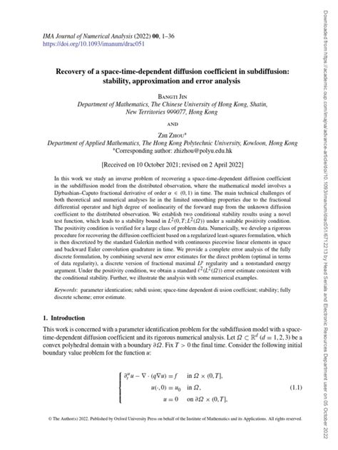 Recovery Of A Space Time Dependent Diffusion Coefficient In Subdiffusion Pdf Diffusion