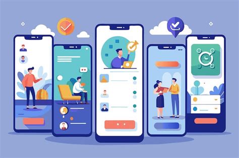 Illustration Of Five Smartphone Screens Displaying Different Features Of A Mobile App The