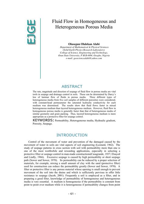 Pdf Fluid Flow In Homogeneous And Heterogeneous Porous Media