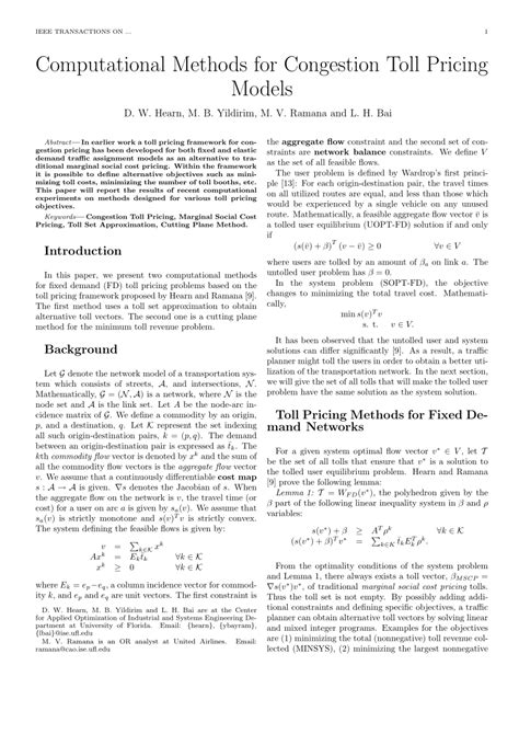 Pdf Computational Methods For Congestion Toll Pricing Models