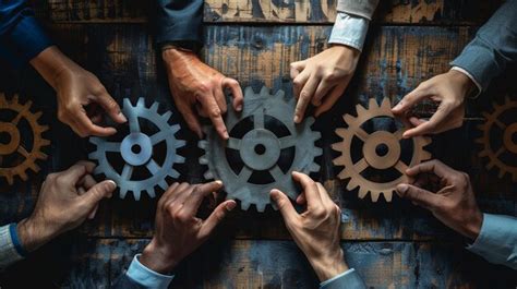 Unity In Diversity Collaborative Teamwork Represented By Interlocking Gears On A Dark Wooden
