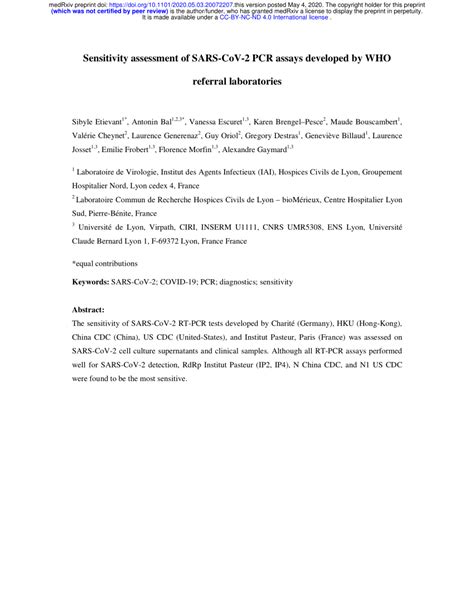 Pdf Sensitivity Assessment Of Sars Cov 2 Pcr Assays Developed By Who Referral Laboratories