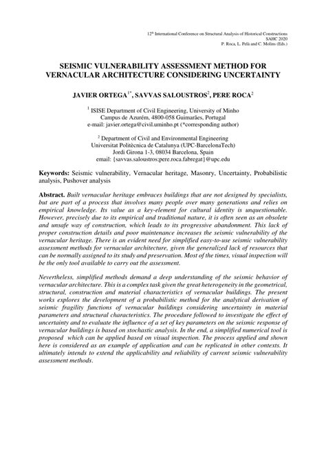 Pdf Seismic Vulnerability Assessment Method For Vernacular