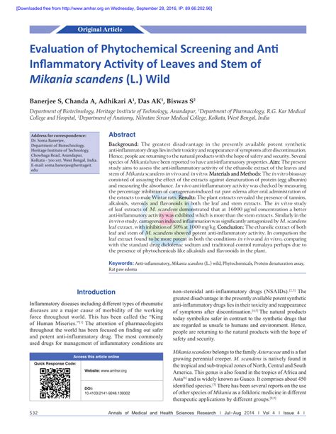 Pdf Evaluation Of Phytochemical Screening And Anti Inflammatory Activity Of Leaves And Stem Of