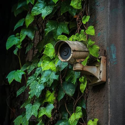 A Hidden Security Camera Partially Covered By Ivy Stock Illustration