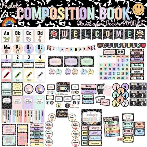 Composition Notebook Classroom Decor Bundle Editable Pastel Theme Posters Kit