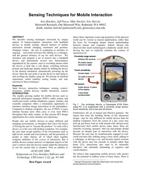 Pdf Sensing Techniques For Mobile Interaction