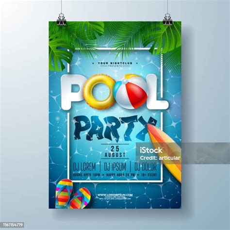 야자수 잎 물 비치 볼과 푸른 바다 풍경 배경에 떠여름 수영장 파티 포스터 디자인 템플릿 배너 전단지 초대장 포스터에 대한 벡터 휴일 그림입니다 초대장에 대한 스톡 벡터