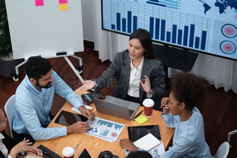 Top View Multiracial Analyst Team Use Bi Dashboard For Data Analysis