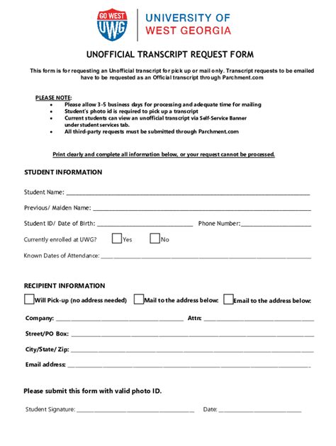 Fillable Online Request For Unofficial Transcript Fax Email Print
