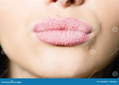 Closeup On Woman Sweet Candy Sugar Lips Kiss Stock Image Image Of