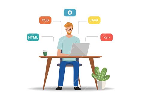 Premium Vector Programmer Job Character With A Laptop Development Application With Coding
