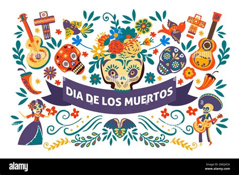 Mexican Holiday Dia De Los Muertos Banner With Symbols Of Cultural