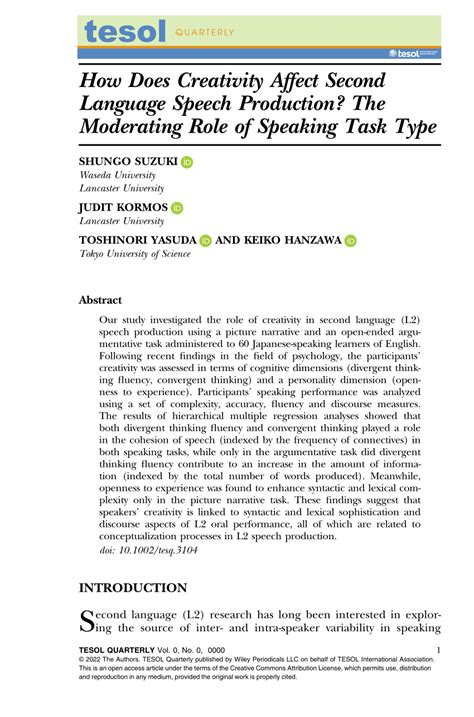 Pdf How Does Creativity Affect Second Language Speech Production The Moderating Role Of