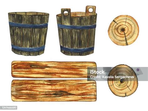 흰색 배경에 고립 된 나무 양동이 판자 및 그루터기 수채화 손 그리기 그림 프린트 디자인 장식에 딱 맞는 목재 질감 수채화에