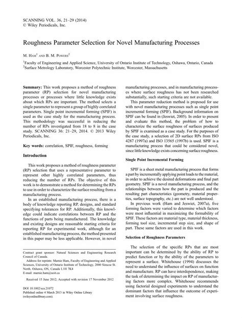 Pdf Roughness Parameter Selection For Novel Manufacturing Processes Dokumentips