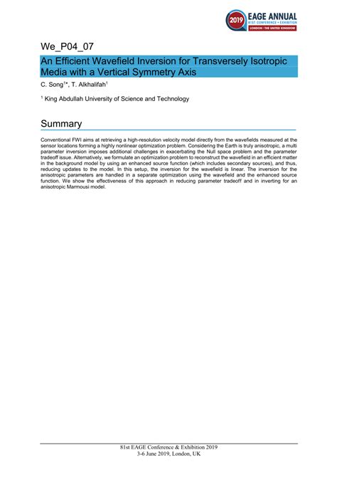 Pdf An Efficient Wavefield Inversion For Transversely Isotropic Media With A Vertical Symmetry