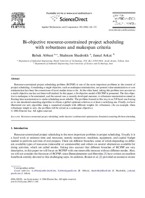 Pdf Bi Objective Resource Constrained Project Scheduling With Robustness And Makespan Criteria