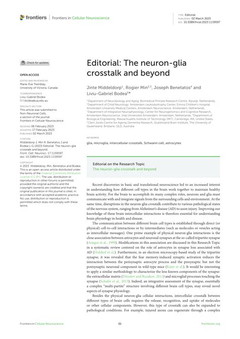 Pdf Editorial The Neuron Glia Crosstalk And Beyond