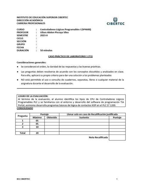 4600 Controladores Lógicos Programables I I4al 01 Evaluación Laboratorio 1 Ulises