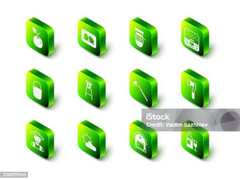 세트 닭 달걀 양동이 자동 관개 스프링클러 나무 도끼 와인 병 유리 정원 괭이 농가 및 태양과 구름 날씨 아이콘 벡터 3차원 형태에 대한 스톡 벡터 아트 및 기타 이미지