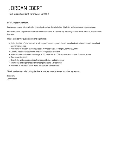 Chargeback Analyst Cover Letter Velvet Jobs