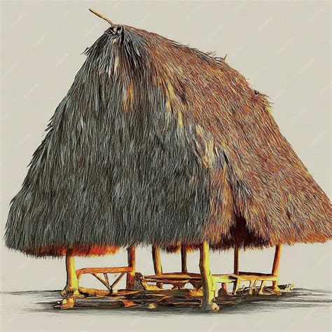 A Drawing Of A Hut With A That Has A Straw Roof Premium Ai Generated