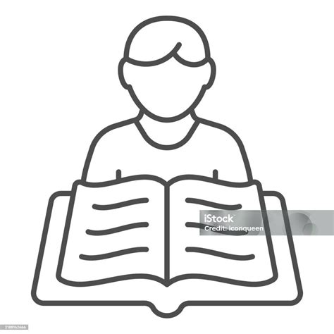 책 얇은 선 아이콘 어린이 책 휴일 개념과 함께 어린이 소년 벽지 벡터 그래픽 아이와 흰색 배경에 열린 교과서 기호 모바일 또는 웹 디자인을위한 윤곽선 스타일 아이콘 공부에