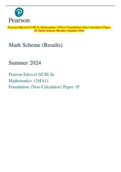 Pearson Edexcel Gcse In Mathematics 1ma1 Foundation Non Calculator Paper 1f Mark Scheme