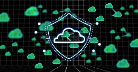 Cloud Security Shield Animation Over Digital Grid Background With Green