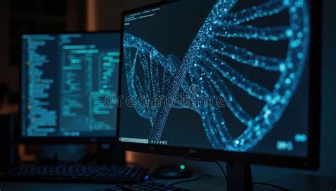Computer Screens Display Dna Structure And Code Showcasing The Future Of Dna Storage Technology