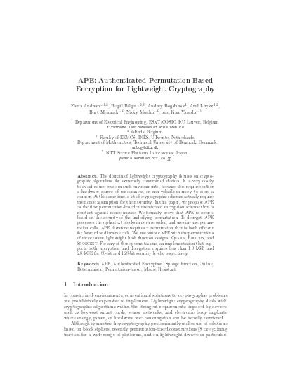 ape authenticated permutation based encryption for lightweight