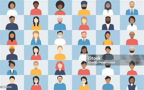 화면에 설정된 사람 아바타 아이콘 다양한 빈 얼굴을 프로파일 소셜 네트워크 화상 회의 벡터 추상 일러스트레이션 사람들에 대한