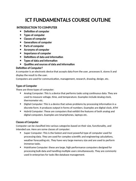 Ict Fundamentals Course Outline John Pdf Operating System Computer Network