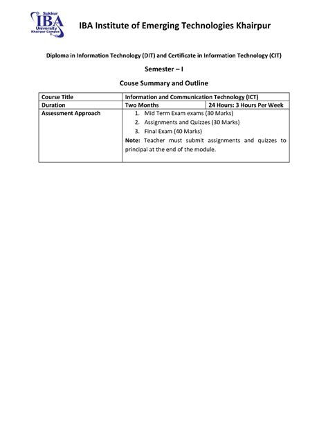 1 Ict Ict Course Outline Iba Institute Of Emerging Technologies Khairpur Diploma In
