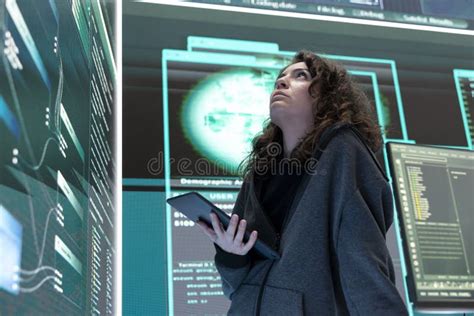 Female Hacker Breaching Network Security With Advanced Techniques Stock