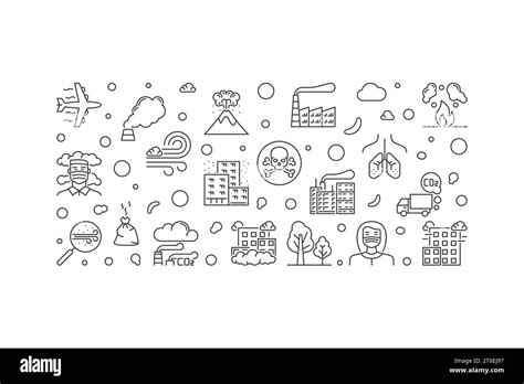 Air Pollution outline horizontal banner - Vector Smog and Air Emissions concept illustration ...