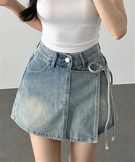 옐로우바빌 💙예쁜여름치마바지💙 프레피 빈티지 워싱 리본 랩 스커트 데님 숏 팬츠