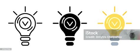 체크 표시 아이콘이 있는 전구 아이디어 기호입니다 창조적 인 마음 발명 기호 영감과 혁신 사고 픽토그램 밝고 반짝이는 전구 똑똑하고 효율적인 마음 개념이 분리되어 있습니다