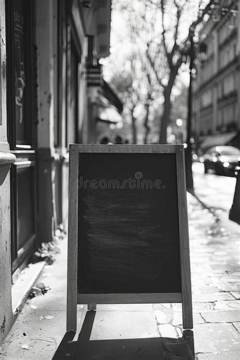 A Black Chalkboard Is Standing On A Sidewalk In Front Of A Building Stock Image Image Of
