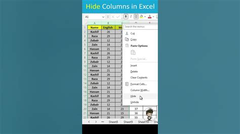 Hide Columns In Excelexceltutorialexcelexceltipsshorts Youtube