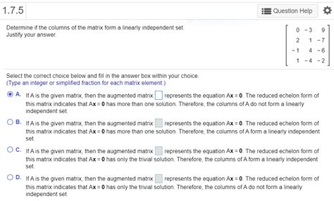 solved 1 7 5 question help determine if the columns of the