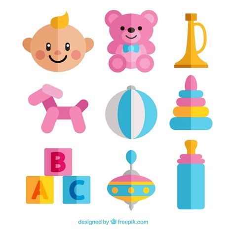 Set De Bebé Con Juguetes En Diseño Plano Vector Gratis