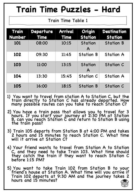 5 Page Printable Train Timetable Math Challenge Hard Comprehension