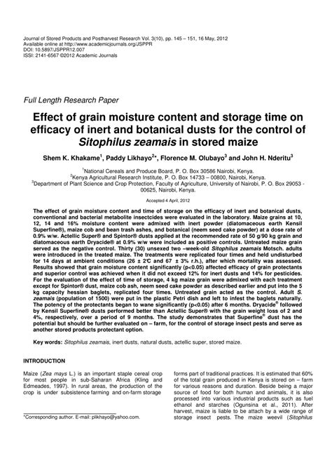 Pdf Effect Of Grain Moisture Content And Storage Time On Efficacy Of