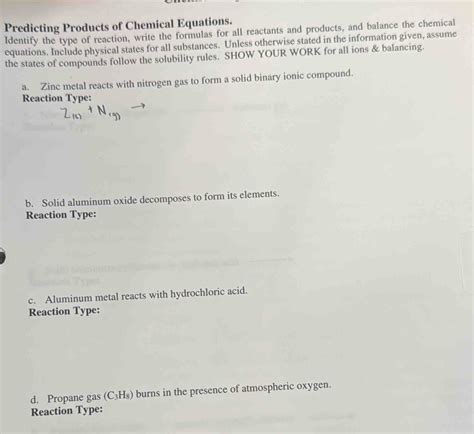 Solved Predicting Products Of Chemical Equations Identify The Type Of